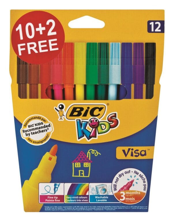 BIC Kids Visa Fine Felt Tip Pens 10 +2 - Arena Stationery Supplies